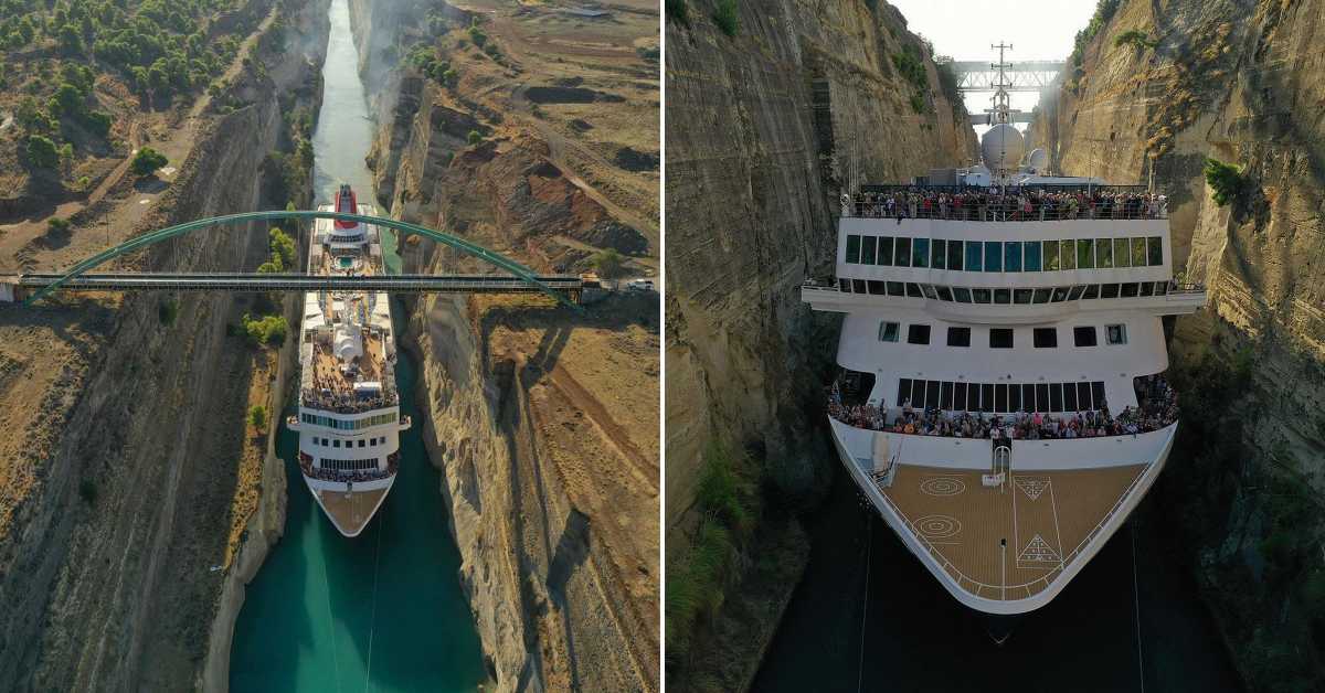 Watch this cruise ship passing through the tiny Corinth canal in Greece